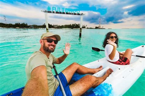 Pov Couple Take Selfie Enjoy Kayaking Activity On Turquoise Tropical