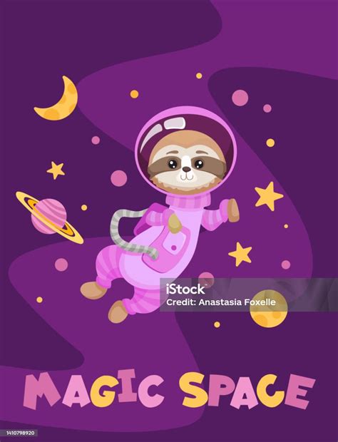 열린 공간에서 날아 다니는 정장을 입은 아기 Sloth 우주 비행사 행성 별 어린이를위한 우주선 인쇄 인사말 카드 또는 초대장 디자인으로 우주를 탐험하는 캐릭터 만화 벡터