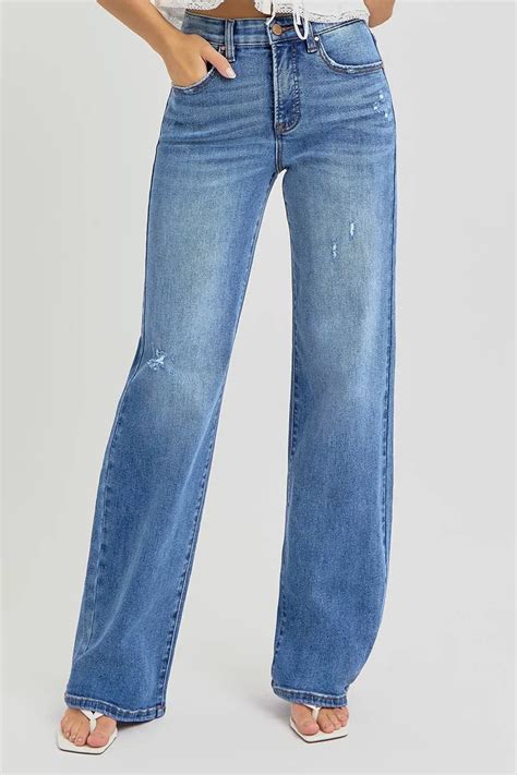 Risen Full Size Tummy Control Elastic Band High Rise Wide Jeans Plus S