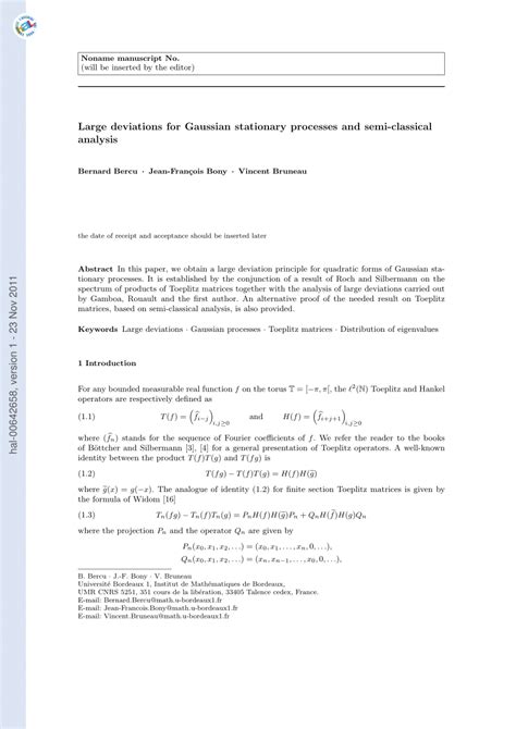 Pdf Large Deviations For Gaussian Stationary Processes And Semi Classical Analysis