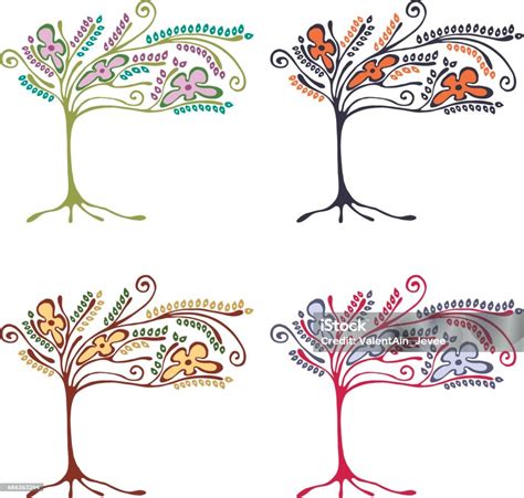 손으로 그린 그림 장식 장식 양식에 일치 시키는 나무의 벡터 집합입니다 흰색 배경에 고립 된 그래픽 삽화입니다 장식 예술 장식 손 그리기 실루엣입니다 T 셔츠에 대한 스톡