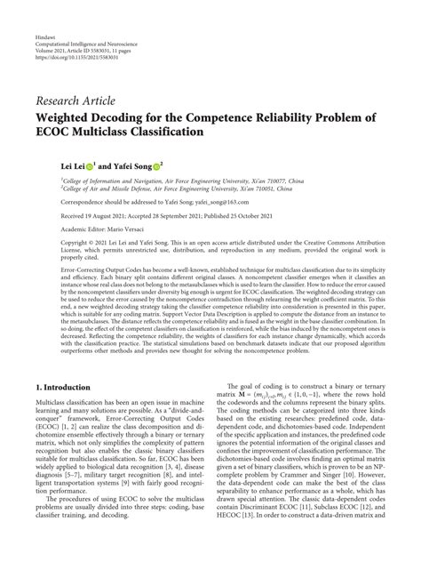 Pdf Weighted Decoding For The Competence Reliability Problem Of Ecoc