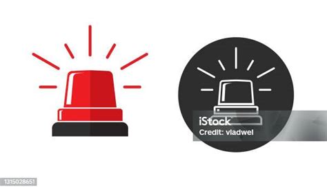 비상 점멸 빨간 색 아이콘 또는 흑백 경찰 사이렌 라이트 픽토그램 평면 만화와 흰색 클립 아트에 고립 된 라인 개요 스트로크