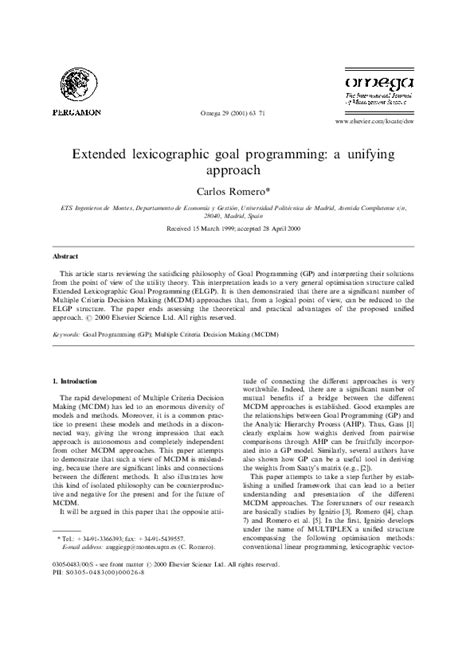 Pdf Extended Lexicographic Goal Programming A Unifying Approach