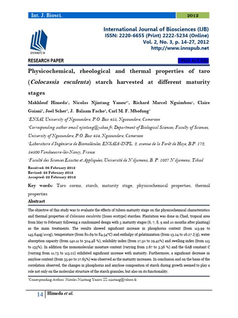 Physicochemical Rheological And Thermal Properties Of Taro Colocassia Esculenta Starch