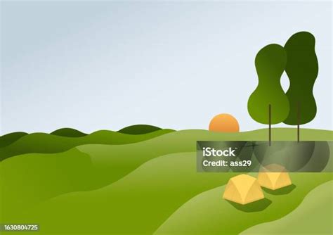 들판 산 나무 태양 텐트 등의 자연 풍경 벡터 일러스트레이션 0명에 대한 스톡 벡터 아트 및 기타 이미지 0명 경관 나무 Istock