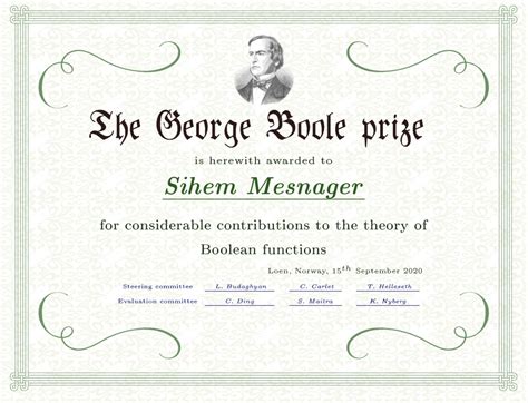 George Boole Prize For Sihem Mesnager Boolean Functions Team Uib