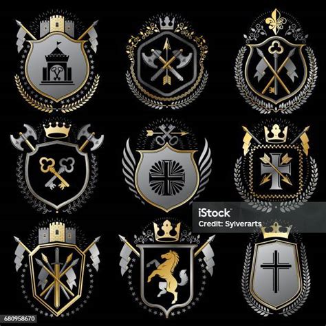 벡터 빈티지 문장 학 팔의 외 투 상 스타일에 설계 되었습니다 중세 타워 병기 로얄 크라운 별 및 다른 그래픽 요소 컬렉션을 디자인합니다 말에 대한 스톡 벡터 아트 및 기타