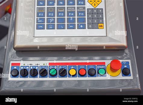Push Buttons Control Panel And Machine Emergency Stop Switch In Row