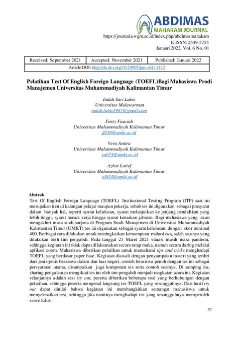 Pdf Pelatihan Test Of English Foreign Language Toefl Bagi Mahasiswa Prodi Manajemen