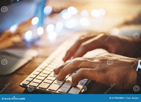 Hands Keyboard And Closeup Of Man Typing While Doing Research On A Computer In The Office At
