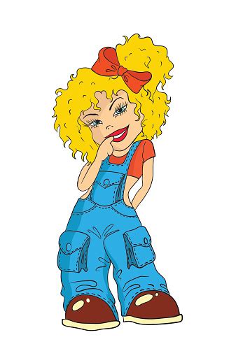 Naughty Cartoon Girl With Sly Smile In Denim Overalls Vector