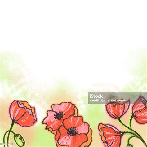 텍스트에 대한 흰색 녹색 과 노란색 배경에 라인 아트 스타일로 펠트 펜 패턴 템플릿 초대 또는 인사말 카드 축하 아래쪽 가장자리를 따라 녹색 잎이 있는 핑크 레드 오렌지