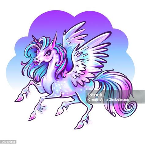 아름 다운 유니콘 벡터 일러스트입니다 아이 T셔츠와 가방에 대 한 마법의 판타지 말 디자인 무지개 머리를 가진 유니콘 귀여운에 대한 스톡 벡터 아트 및 기타 이미지 Istock