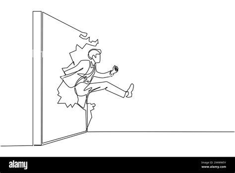 Single Continuous Line Drawing Businessman Run And Breaking Through