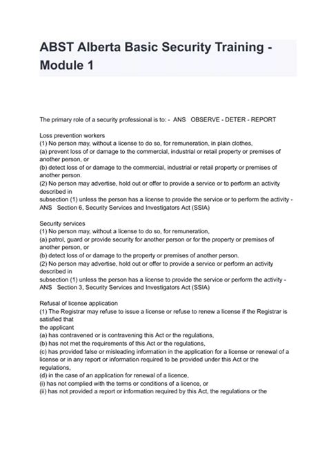 Abst Alberta Basic Security Training Module 1 Exam Questions And Answers Alberta Security