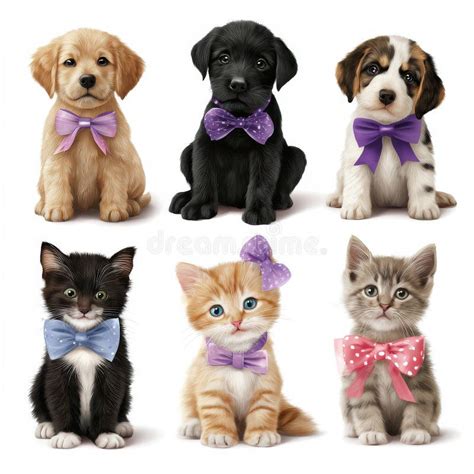 Adorable Puppies Kittens With Bows Illustration On Clean White