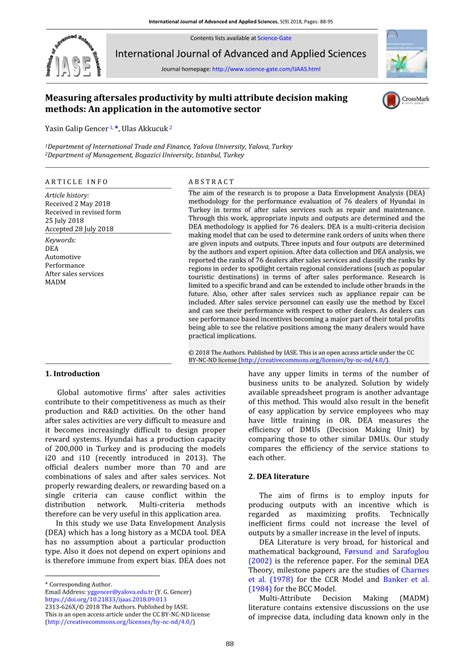 Pdf Measuring Aftersales Productivity By Multi Attribute Decision