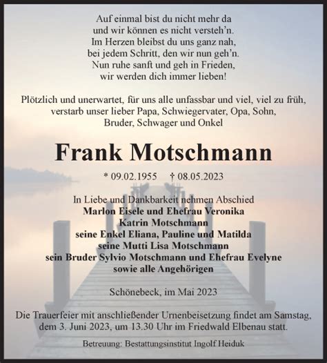 Traueranzeigen Von Frank Motschmann Abschied Nehmen De