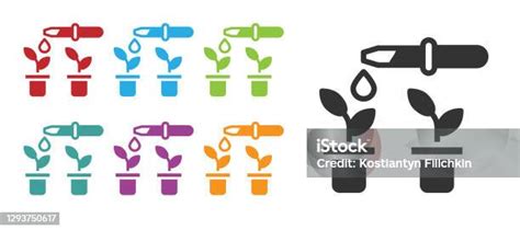 흰색 배경에 고립 된 식물 아이콘의 파이펫에서 물 방울의 검은 방울 의료 또는 농업 실험 비료와 농약 다채로운 아이콘을 설정합니다 벡터 Dna에 대한 스톡 벡터 아트 및