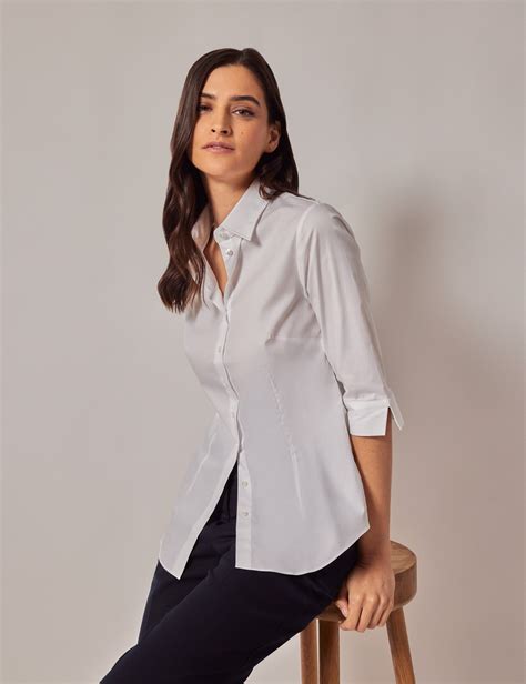 Womens White Fitted 3 Quarter Sleeve Cotton Shirt