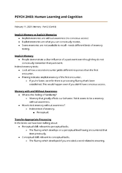 Lecture 12 Psych 2h03 Human Learning And Cognition February 11 2021 Memory Part 2 Contd