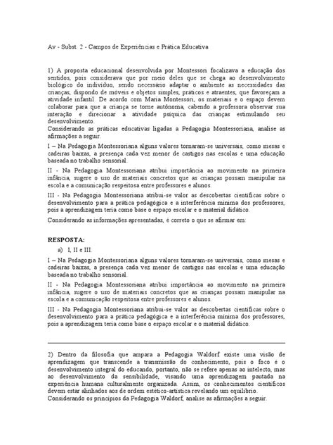 Av Subst 2 Campos De Experiências E Prática Educativa Pdf