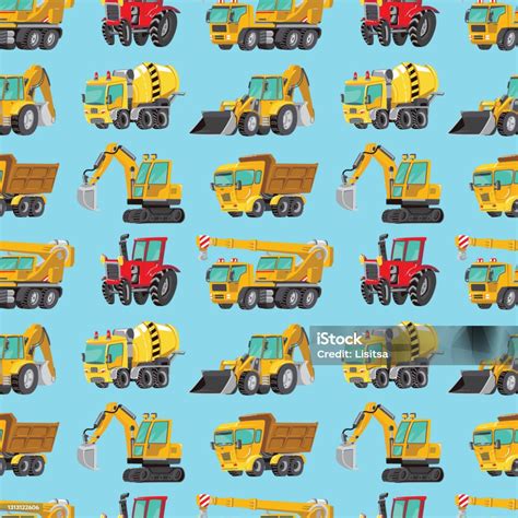 화려한 장난감 트럭 자동차와 도로 표지판과 원활한 패턴 빨간 트랙터 굴삭기 굴착기 기계 건물 기계 콘크리트 믹서 0명에 대한 스톡 벡터 아트 및 기타 이미지 Istock