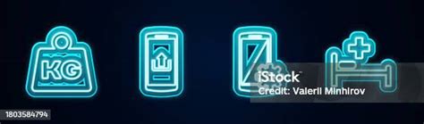 라인 무게 업로드 기능이 있는 스마트폰 스마트폰 및 병원 침대 설정 빛나는 네온 아이콘입니다 벡터 Brand Name Smart Phone에 대한 스톡 벡터 아트 및 기타