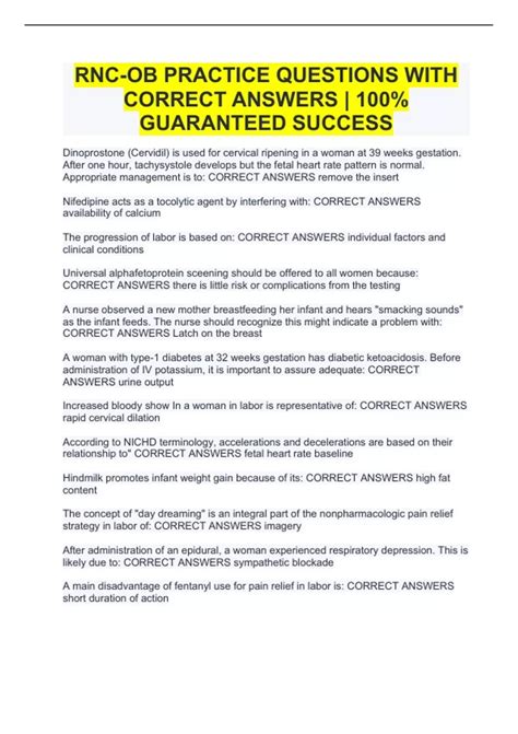 RNC OB PRACTICE QUESTIONS WITH CORRECT ANSWERS 100 GUARANTEED SUCCESS RNC OB Stuvia US