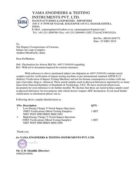 Product End Use Letter Declaration For Airwaybill No 460713900490 Pdf