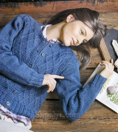 Синий вязаный жакет на пуговицах спицами Женские кардиганы Вязаный жакет Быть женщиной