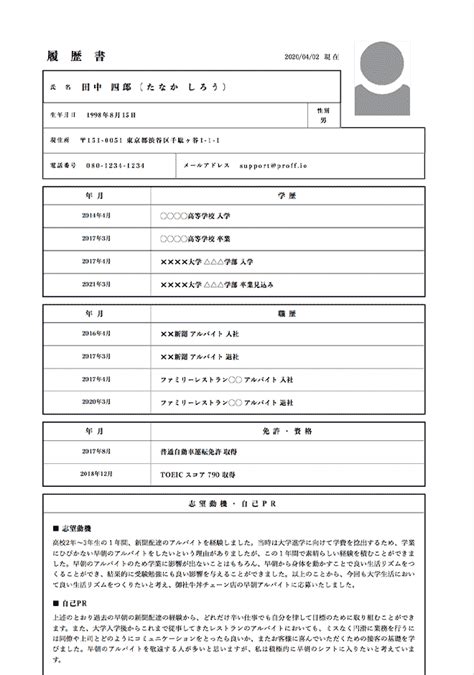 履歴書の書き方サンプル プロフ（proff） 転職・新卒やアルバイトのスマート履歴書・職務経歴書を簡単作成