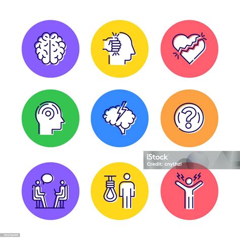 스트레스 우울증 정신 건강 관련 라인 아이콘의 집합 개요 심볼 컬렉션 아이콘에 대한 스톡 벡터 아트 및 기타 이미지 아이콘
