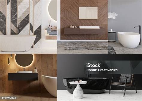 아름답고 현대적인 욕실이 있는 콜라주 현대적인 스타일의 홈 또는 호텔 인테리어 고급 욕실 인테리어 디자인 프로젝트 욕조 세면대 위생 용품 3d 렌더링 가구에 대한 스톡 사진