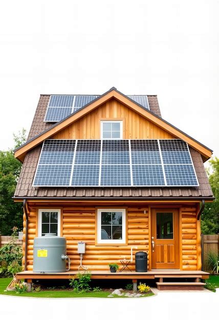 Sebuah Rumah Dengan Panel Surya Di Atap Dan Rumah Dengan Pintu Kayu Gambar Ai Premium