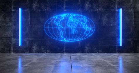 홀로그램 파랑에 세계 지도 세계와 미래의 공상 콘크리트 어두운 방에서 벽 기술 개념 3d 렌더링에 유리 빛 0명에 대한 스톡 사진 및 기타 이미지 Istock