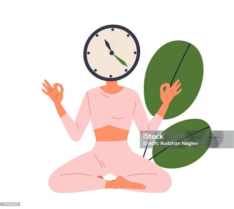 시간 관리 머리에 시계를 들고 연꽃 자세로 앉아있는 여자 요가와 활동적인 라이프스타일 집중력 인식 및 동기 부여 평면 벡터 일러스트 레이 션 경영자에 대한 스톡 벡터 아트