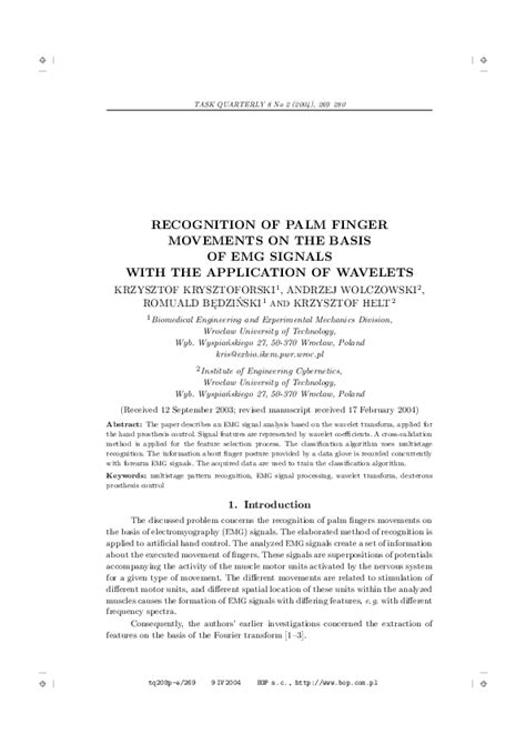 Pdf Recognition Of Palm Finger Movements On The Basis Of Emg Signals With The Application Of