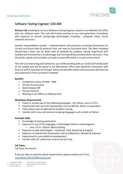 Job Specification Software Testing Engineer