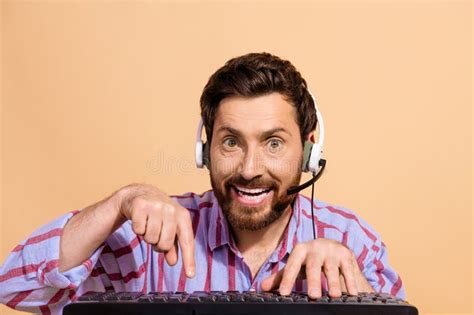 Portrait Photo Of Nerd Geek Crazy It Specialist Man Using Keyboard Click Button Start App Remote