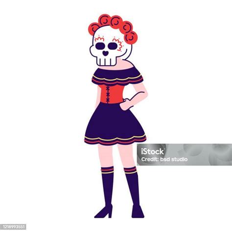 설탕 스컬 얼굴 플랫 벡터 일러스트 세트를 입고 소녀 흰색 배경에 격리 윤곽 요소와 만화 캐릭터 디아 드 로스 무에르토스 축하 의상 죽은 멕시코의 날 La Calavera