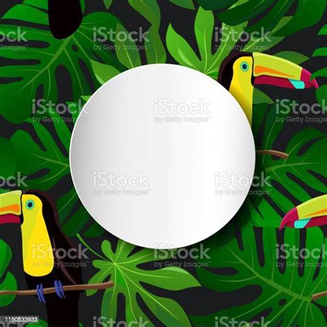 귀여운 밝은 새 Toucan 평면 스타일 디자인에 열 대 잎과 질감 된 배경에 카드 배너 인사말 서식 파일에 대 한 좋은 0명에 대한 스톡 벡터 아트 및 기타 이미지