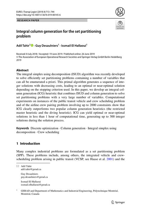 Pdf Integral Column Generation For The Set Partitioning Problem