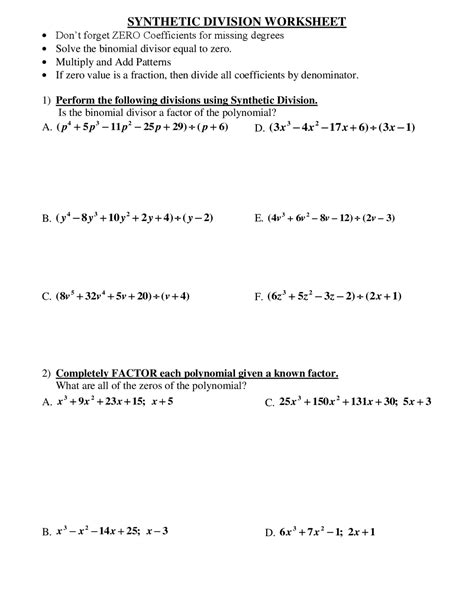 synthetic division worksheet exercises calculus docsity