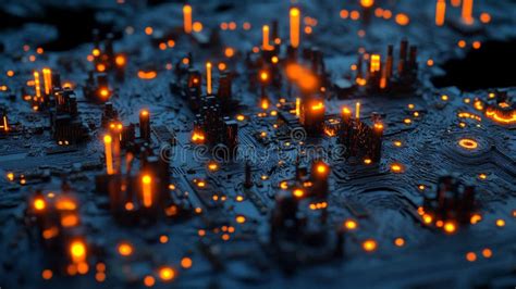 Futuristic Cityscape Circuit Board Technology Innovation Network Data Digital Glow Orange Dark