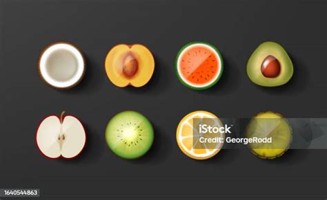 과일 아이콘 반쪽 집합입니다 수박 레몬 사과 딸기 복숭아 아보카도 키위 오렌지 아이콘 복숭아류에 대한 스톡 벡터 아트 및 기타 이미지 Istock