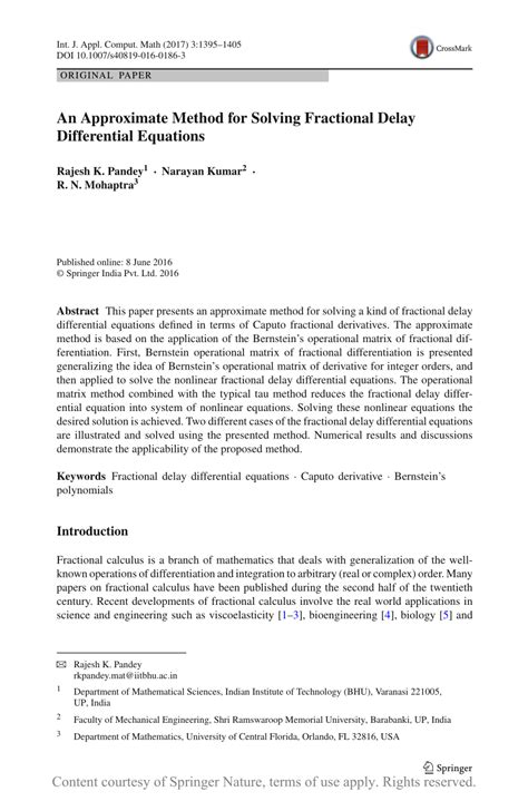 An Approximate Method For Solving Fractional Delay Differential Equations Request Pdf