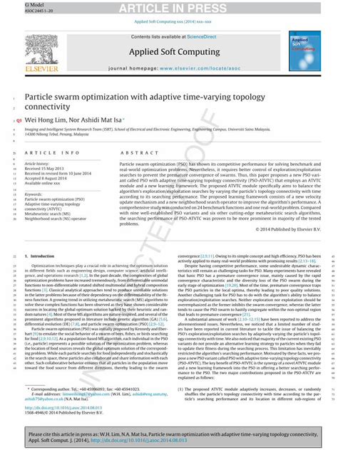 Pdf Particle Swarm Optimization With Adaptive Time Varying Topology Connectivity Dokumen Tips