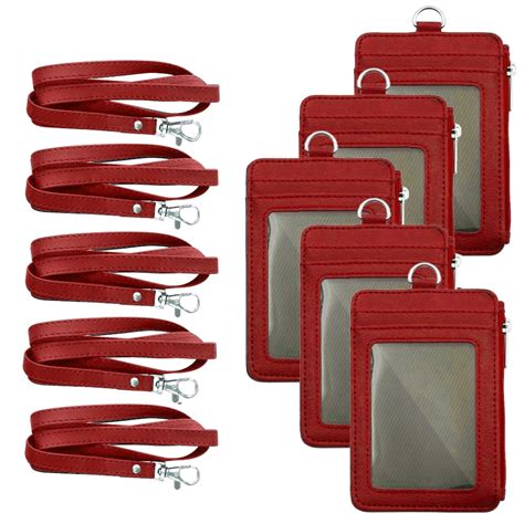 Badge Holder With Zip Slim Double Sided Pu Leather Id Card Holder Wallet Case With 5 Card Slots